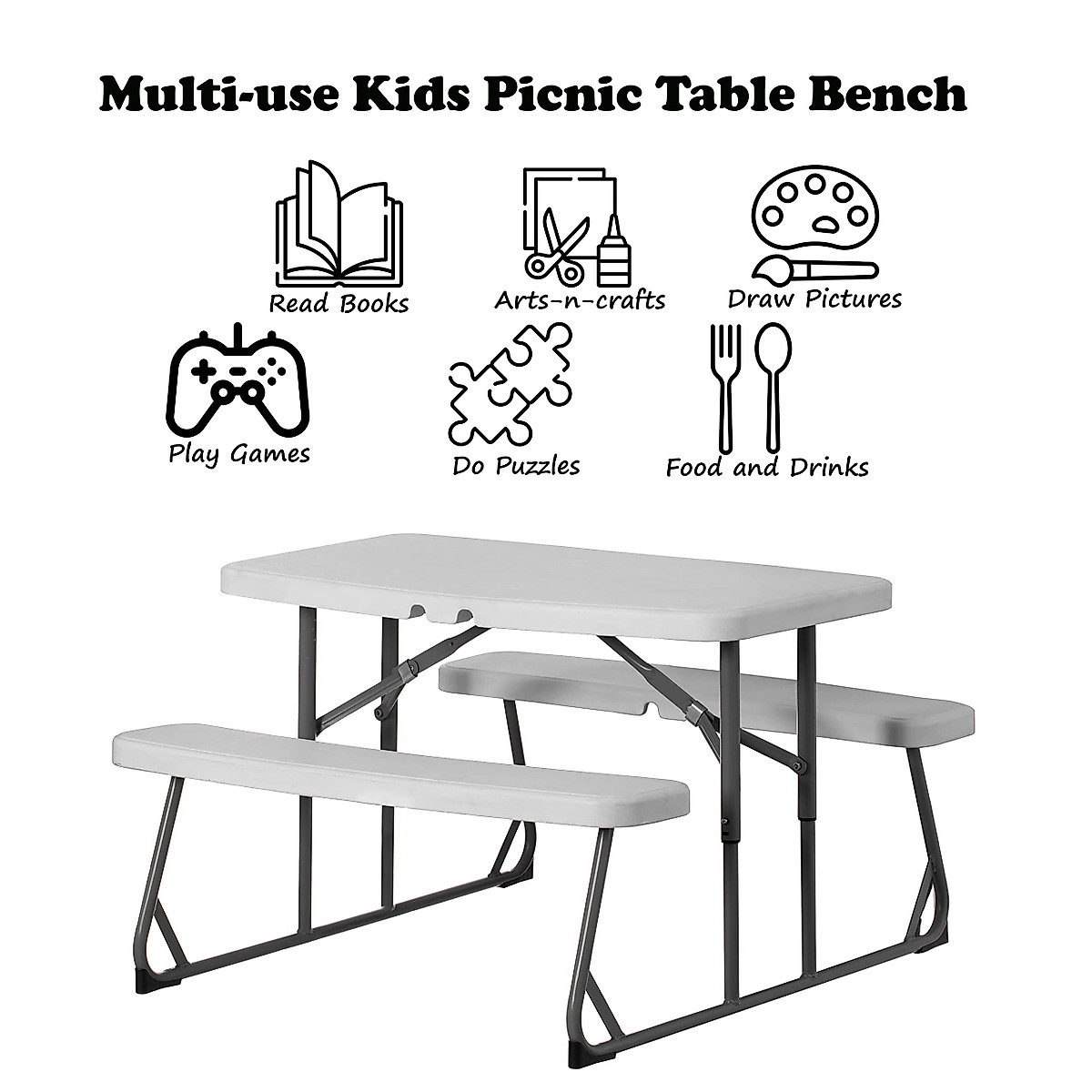 Gardenised Foldable White Kids' Picnic Table Bench Outdoor Portable Children's Backyard Table, Crafting, Dining, and Playtime Patio Table