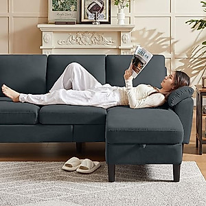 Pingliang Home 79" Convertible Sectional Sofa, Small L Shaped 3-Seat Couch with Reversible Chaise, Modern Linen Sofas Couches for Living Room, Apartment and Small Space, Dark Grey