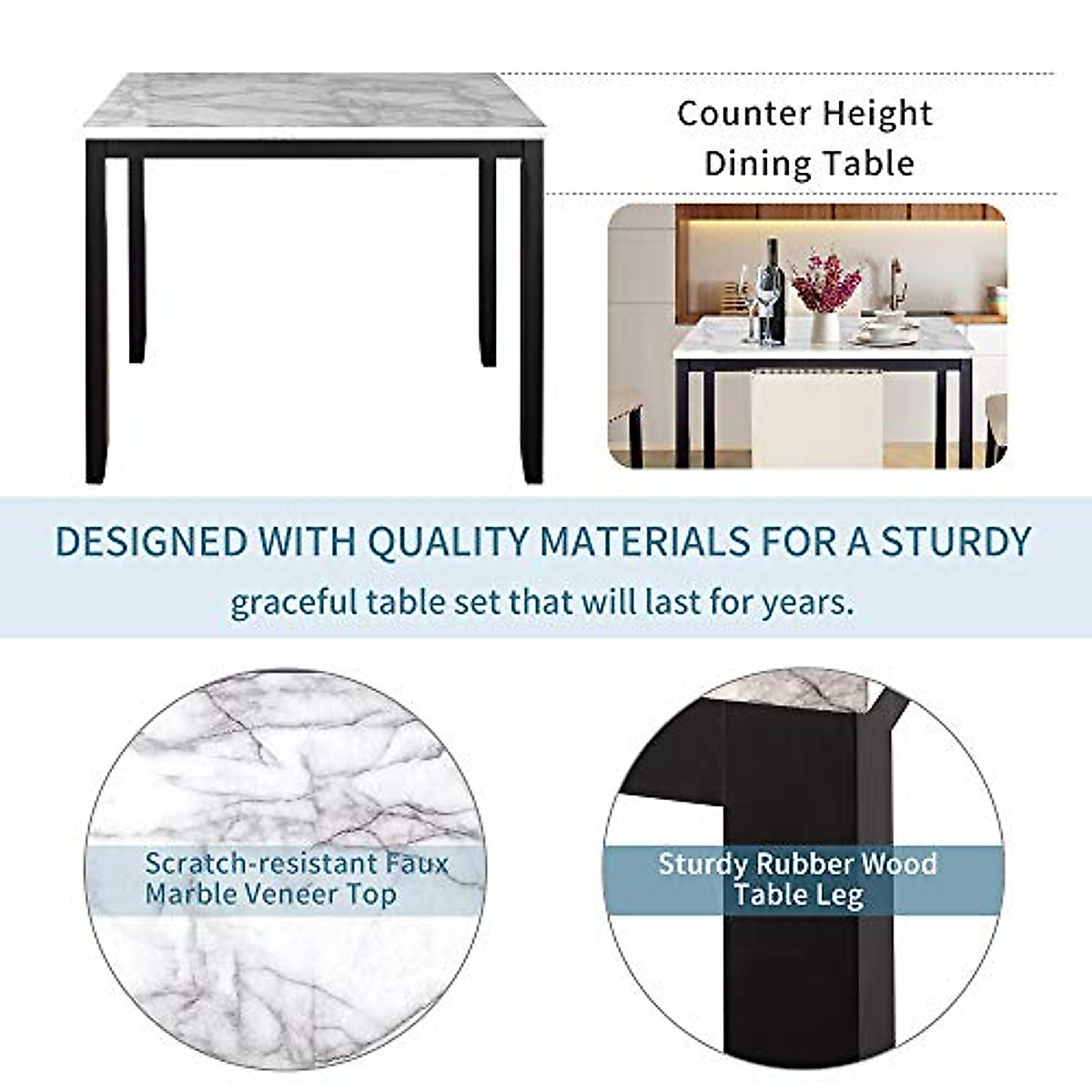 Harper & Bright Designs 5-Piece Kitchen Table Set Faux Marble Top Counter Height Dining Table Set with 4 Beige Fabric Upholstered Chairs