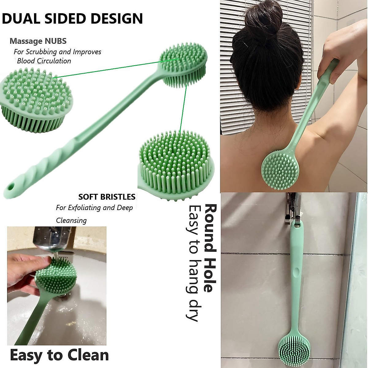 Cinlitek Silicone Body Scrubber, Long Handle Back Scrubber for Shower Brush,Exfoliating Body Scrubber, Shower Scrubber for Body Brush, Soft Silicone Bath Brush for Men,Women&Kids,with a Free Hook