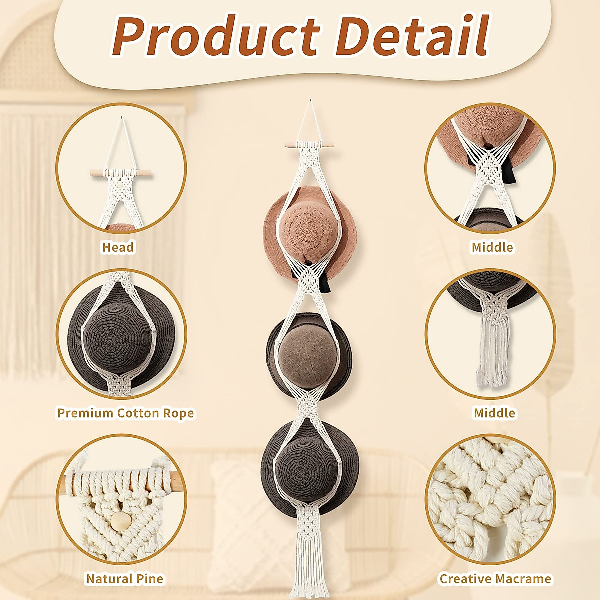 TOPMEET Macrame Hat Rack for Hanger Wall Display, Bohemian Hat Holder for Organizer Storage Decorative Wide Brim Cap - 2Pack White