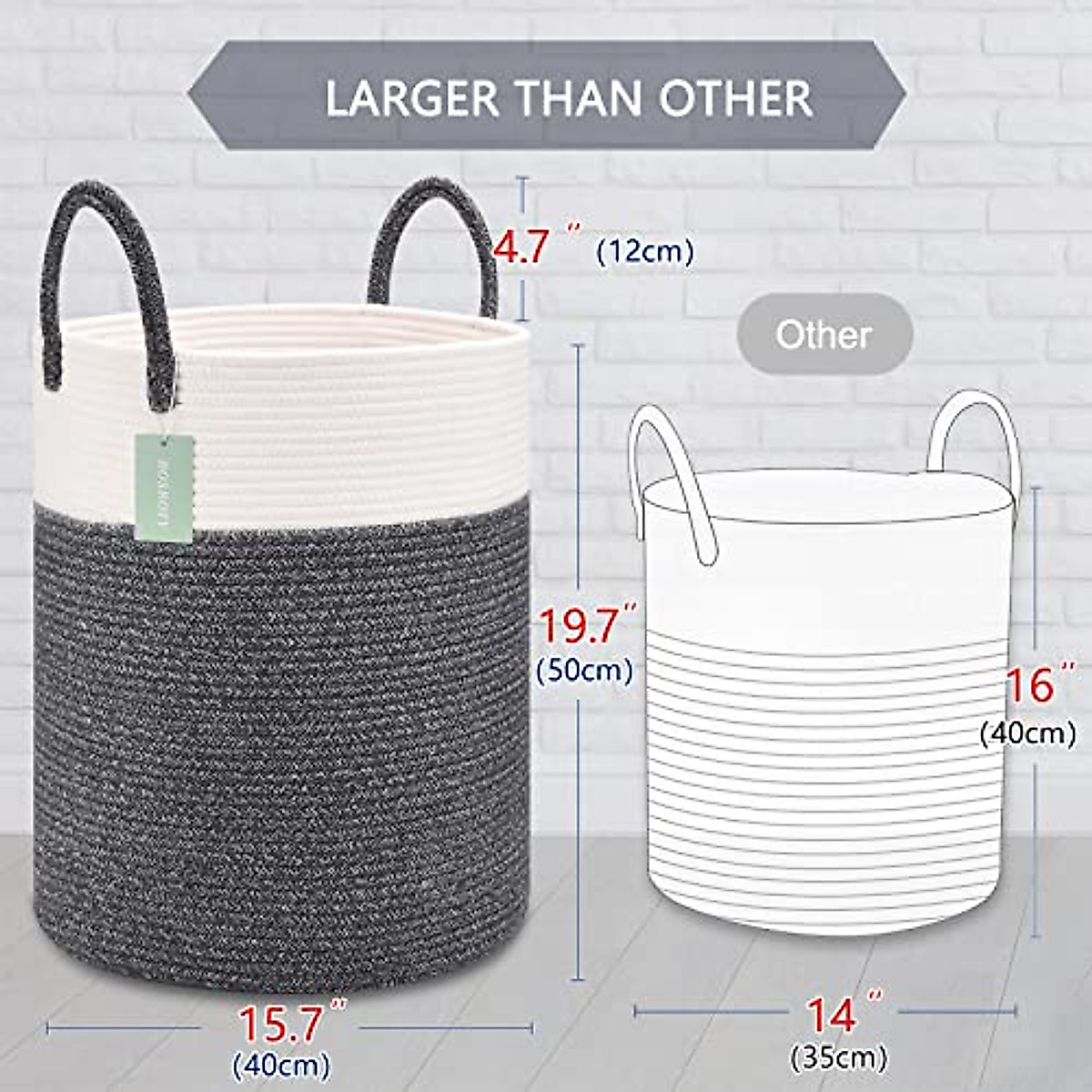 BOSROTY Extra Large Blanket Basket, Tall Laundry Basket, Laundry Hamper, Large Storage Basket, 15.7”x 19.7”, Cotton Rope Basket, Woven Basket, Toy Basket, Clothes Baskets, White & Black