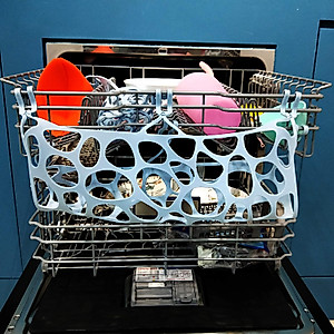 REVEX Dishwasher Net, 9.8"x14.5" Silicone Dishwasher Net For Small Items, 6 Adjustable Hooks to Cover Plastic Bowls,Baby Bottle and Cups to Avoid Tipping Over, Suitable for All Dishwashers (Blue)