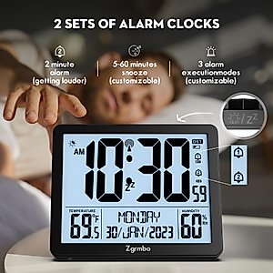 Zgrmbo Night Light Atomic Clock, Battery Operated Digital Clock, Alarm Clock for Bedrooms, Desk Clock with Indoor Temp, Humidity, Date, Accurate Atomic Clock(7 Time Zone) for Bedroom, Travel
