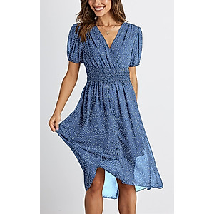 PRETTYGARDEN Summer Floral Midi Dress Puff Sleeve Casual Swing Sun Dress Floral Boho Hawaiian Flowy Long Dress Chiffon Polka Dot Womens Casual Dress Summer(Dark Blue, Large)