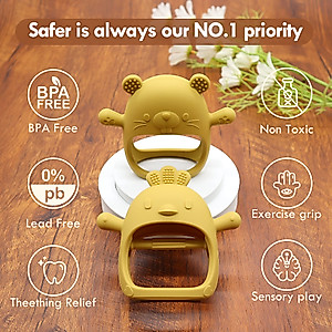 Baby Wrist Teether, Teething Mittens Toys for Babies, Santi & Me Silicone Baby Chew Teether Toys for Sucking Needs, Fun Bird Design, Never Drop from Hand, Pack of 2 (Mango)