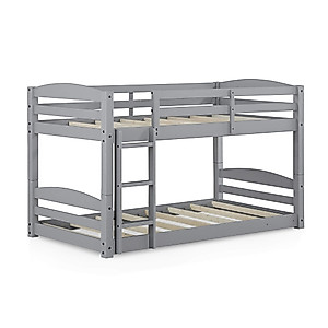 DHP Phoenix Convertible Low Wood Floor Bunk Bed, Stackable and Detachable Bed Frames for Kids, Solid Wood, with Ladder, High Guardrail, Wood Slats, No Boxspring Required, Twin-Over-Twin, Gray