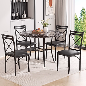 VECELO 36" Round Dining Table for 4, Faux Marble Dinette with Metal Frame for Kitchen, Apartment, Home, Space-Saving, Grey