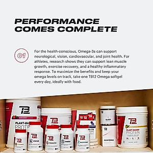 TB12 Omega 3 Fish Oil Supplement by Tom Brady - High potency, Essential Fatty Acids, Brain & Heart Health, Recovery, Non GMO, NSF Certified for Sport, 1250 mg (500mg DHA and 250mg EPA), 60 softgels