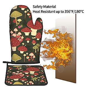Vintage Mushroom Oven Mitts and Pot Holders Sets of 2, Non-Slip Cooking Hot Pads Washable Heat Resistant for Kitchen Microwave BBQ Baking Grilling