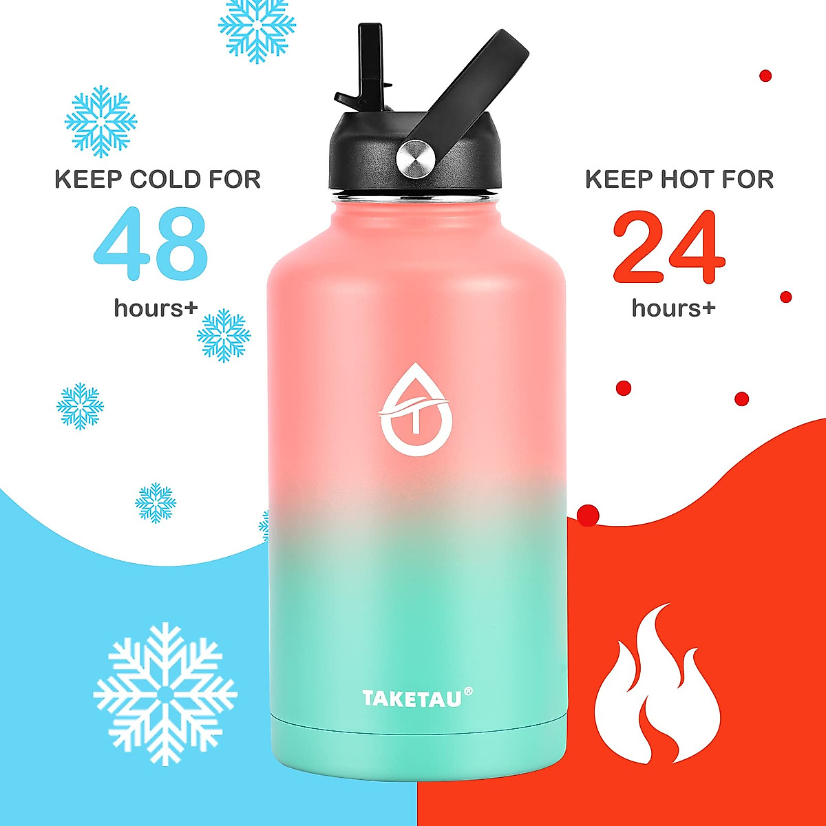 TAKETAU Insulated Sports Water Bottle with Straw Cap & Spout Lid, Stainless Steel 64 oz Half Gallon Double Wall Growler Vacuum Flask Wide Mouth Thermos Large, Keep Drinks Cold or Hot (Coral, 64 oz)