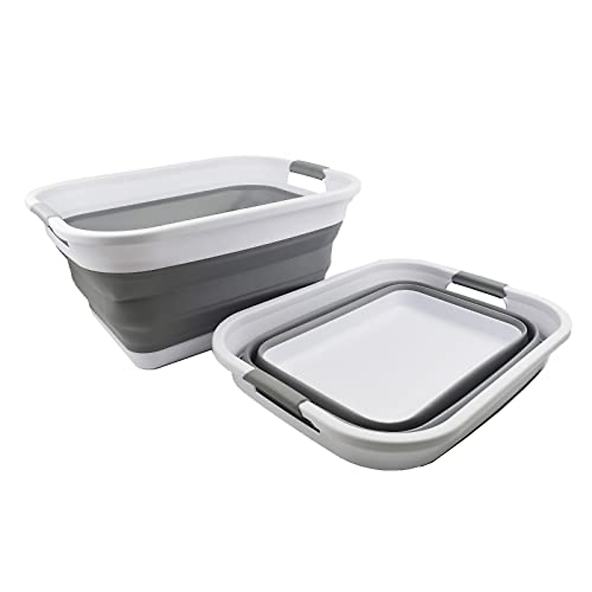 SAMMART 36L (9.5 gallon) Collapsible Plastic Laundry Basket - Foldable Pop Up Storage Container/Organizer - Portable Washing Tub - Space Saving Hamper/Basket (White/Grey (Set of 2))