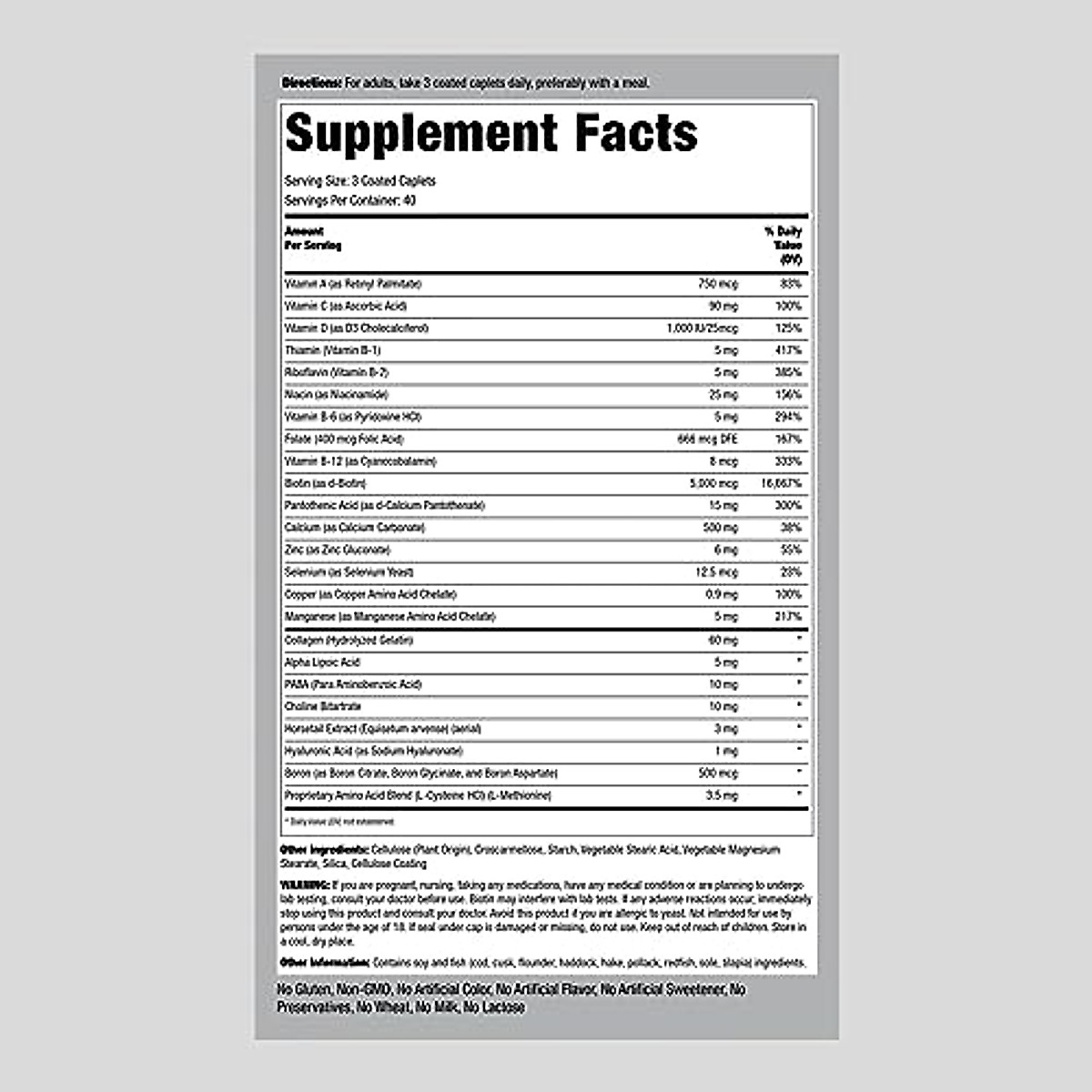 Piping Rock Hair Skin and Nails Vitamins | 120 Caplet Pills | 3000 mcg of Biotin | with Collagen | Multivitamin | Non-GMO, Gluten Free Supplement