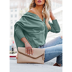 PRETTYGARDEN Loose Casual Button V Neck Hoodies for Women Long Sleeve Oversized Pullover Sweatshirt Hooded Tops Fall with Pockets (Bean Green,Large)