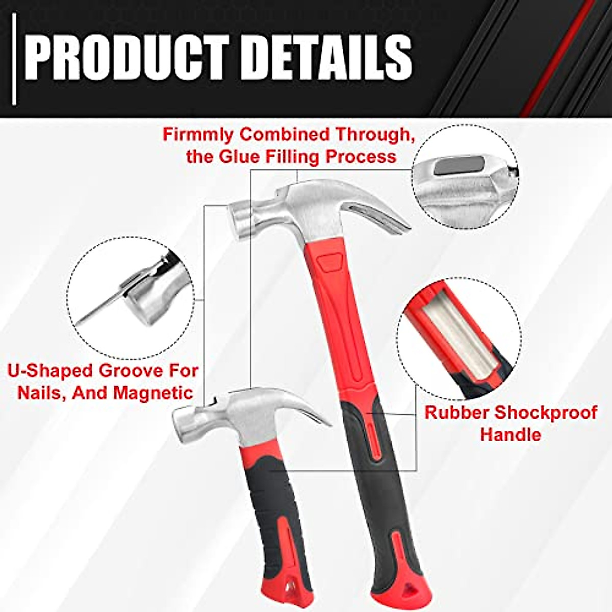 C&T 2 Piece Hammer Set,8oz Stubby Claw Hammer With Magnetic Nail Starter & 16oz Fiberglass General Purpose Claw Hammer & 560pcs Hardware Nail Assortment Kit, Soft Nonslip Handle & Heat Treated Head