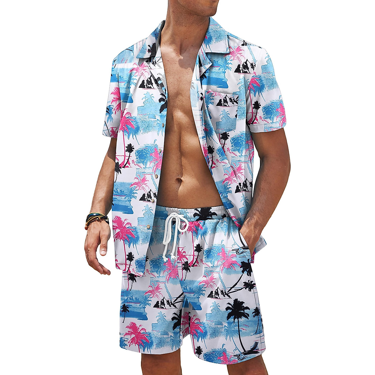 COOFANDY Men's Hawaiian 2 Piece Short Set Cruise Wear Short Sleeve Button Down Shirts and Shorts