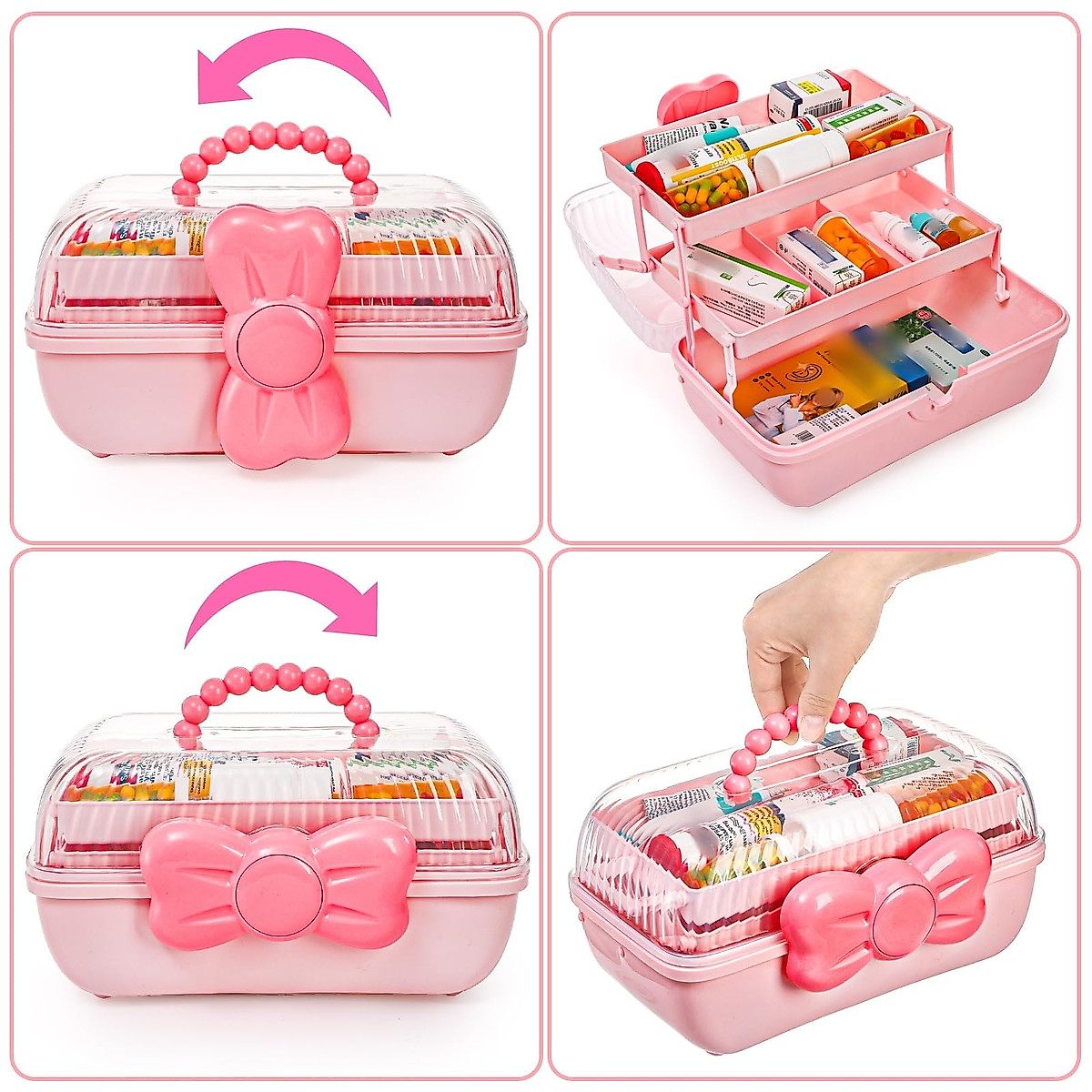 Noamus 11" Three-Layer Multipurpose Storage Box, Clear Plastic Art Craft Organizer, Portable First Aids Case with Handle Trays for Kids, Sewing Makeup Nail Hair Accessories, Home School Office(Pink)