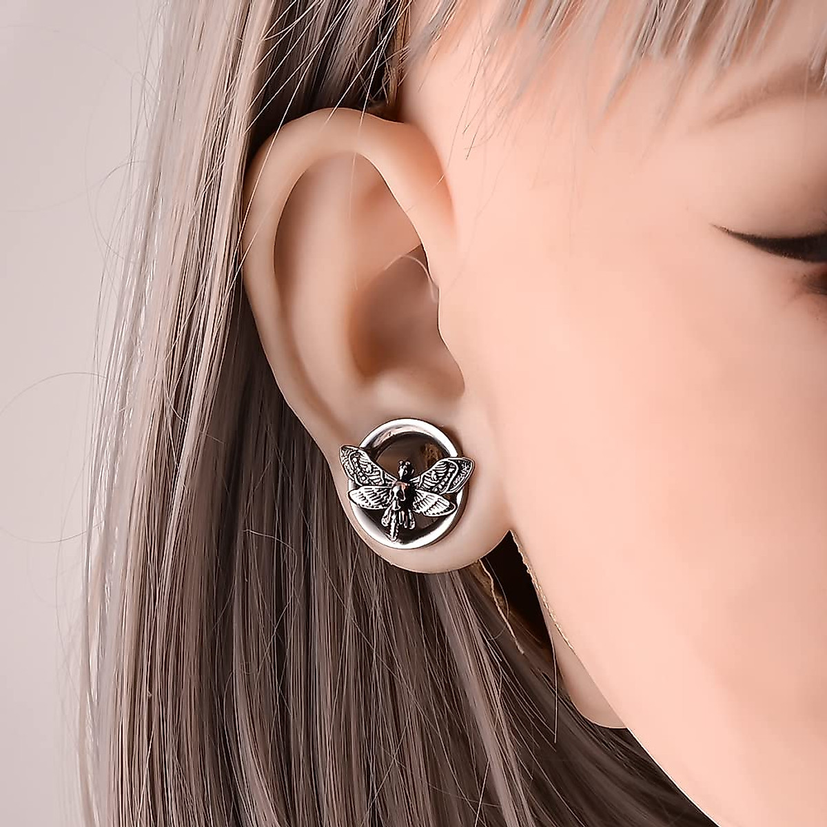 Maxbott 2 PCS Stainless Steel Skull Butterfly Plugs and Tunnels Ear Gauge Stretcher Plug Jewelry Piercing Expander Gauges 8mm-19mm (10mm(00G), Silver)