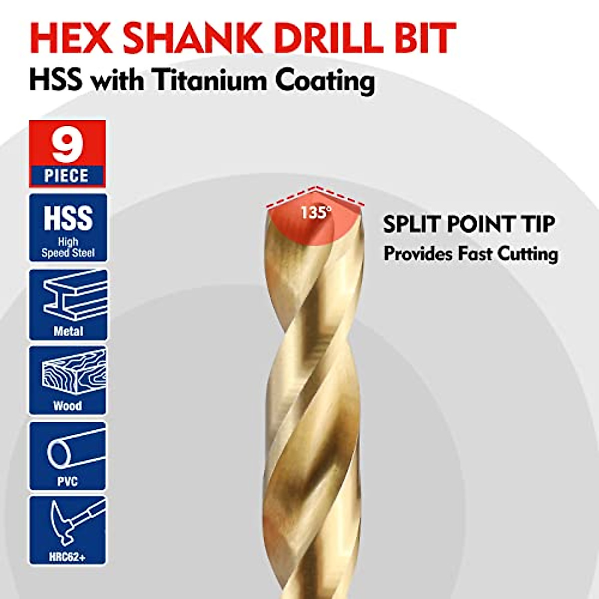 WORKPRO 9-Piece 1/4" Hex Shank Drill Bit Set, Titanium Plating HSS Drill Bits from 1/16" to 3/8" for Metal, Steel, Wood, PVC, Quick Change Design