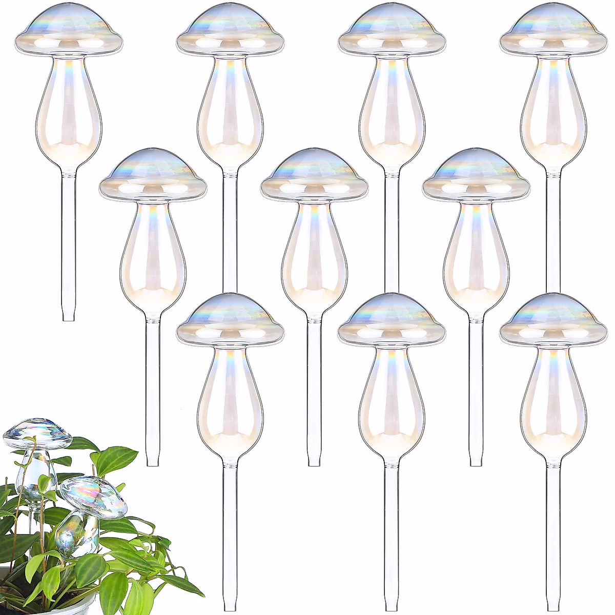 meekoo Plant Watering Globes 10 Pack Iridescent Rainbow Clear Glass Planter Insert Plant Watering Devices for Indoor Outdoor(Mushroom)