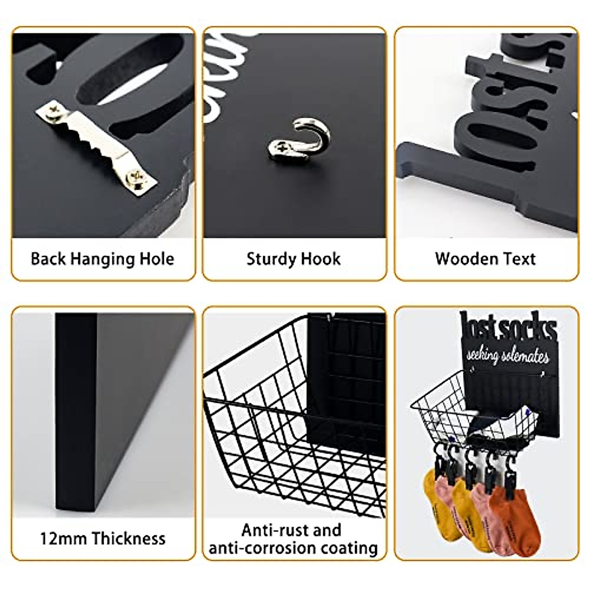 RISICULIS Lost Socks Basket, Laundry Room Decor and Accessories, Rustic Laundry Room Organization, Black Wooden Lost Socks Sign for House Decor, Missing Sock Basket with 5 pcs Clips