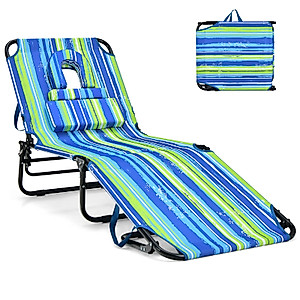 GYMAX Tanning Chair, 350lbs Beach Lounge Chair with Face Hole, Washable Pillow & Carry Strap, Adjustable Folding Chaise Lounge, Layout Chair for Outside, Patio, Poolside, Lawn (1, Stripe)