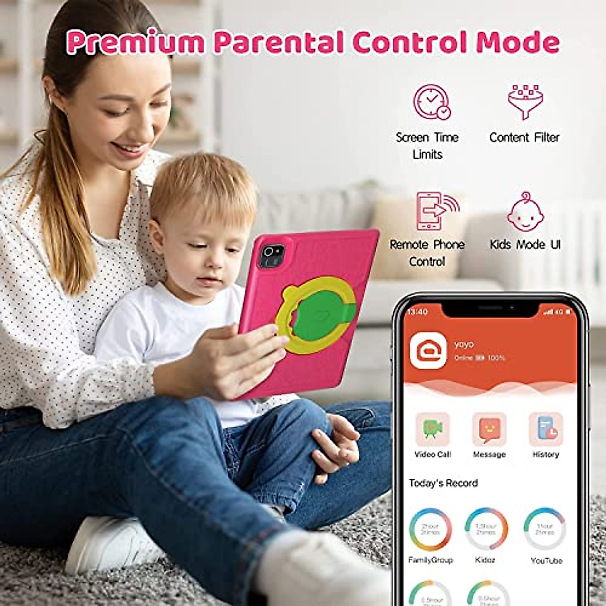 HiGrace Kids Tablet 10 inch - Android 12 Quad core Tablet for Kids (Ages 3-12), 5000mAh, 32GB ROM, Dual Camera, WiFi, Parental Control, Kid-Proof Case-Pink