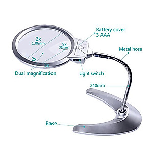 XYK Large 2X 5X LED Lighted Magnifier with Stand - Folding Design with 2 LED Lamp and Jumbo 5.5 Inch Lens - Best Hands Free Magnifying Glass with Light for Reading