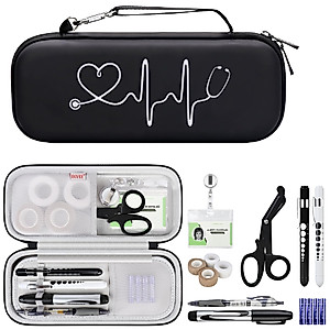 BOVKE 15 Pcs Stethoscope Case Nurse Tool Sets Include Stethoscope Case, Medical Scissors, 2 Penlights with Batteries, Bandage Wraps, Name Card Holder for Nursing School Essentials, Black