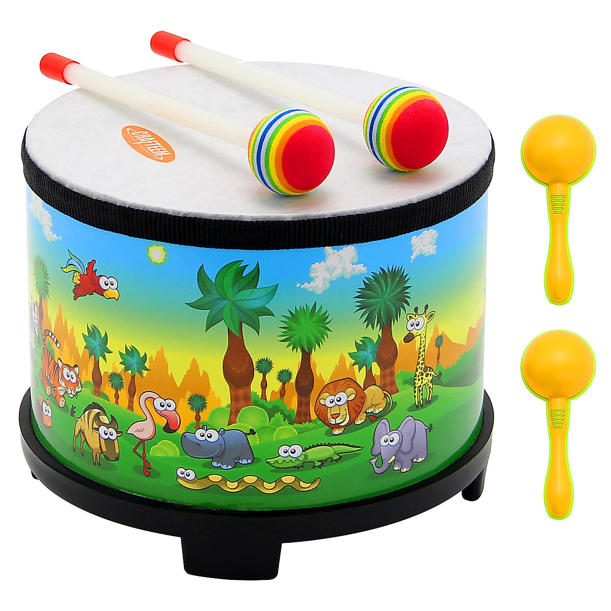 Crafteem Floor Tom Drum for Kids 8-inch Percussion Instrument Music Drum with 2 Mallets and Color Maracas for Baby Children Special Christmas Birthday Toy Gift