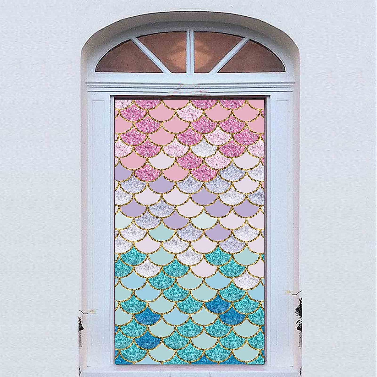 ZDX Mermaid Scales Door Banner Gold Glitter Purple Pink Blue Photo Backdrop Decor Princess Baby Shower Mermaid Birthday Party Door Hanger Cover Sign Supplies Poster Background Decor 72.8 x 35.4in