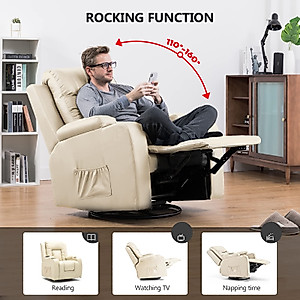 COMHOMA Recliner Chair, PU Rocking Chair for Adults, Swivel Recliner with Cup Holders, Heat and Massage, Single Sofa Seat with Side Pockets for Living Room, Bedroom (White)