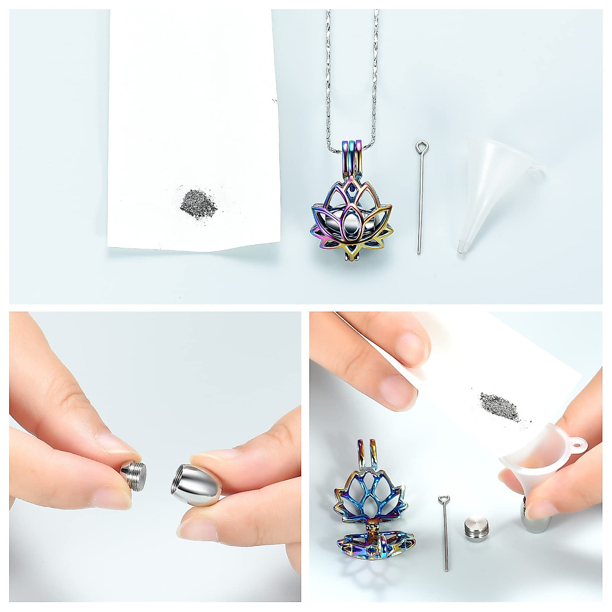 Imrsanl Cremation Jewelry for Ashes - Lotus Flower Ashes Pendant Necklace with Mini Keepsake Urn Memorial Ash Jewelry （Colorful-Silver)