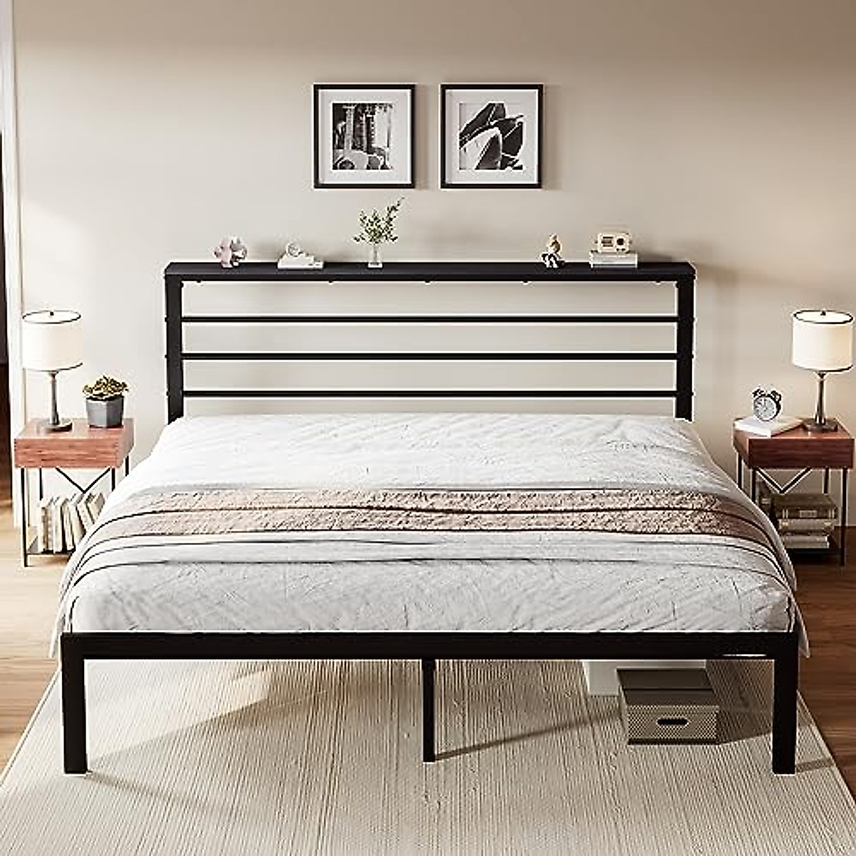 SHA CERLIN King Size Bed Frame with Headboard Shelf, Heavy Duty Platform Bed Frame with Strong Metal Foundation, No Box Spring Needed, Black