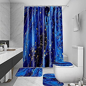 Bathroom Sets with Shower Curtain and Rugs, Bathroom Curtains Shower Set Include Waterproof Shower Curtain Non-Slip Rug Toilet Lid Cover Bath Mat and 12 Hooks, Blue Marble Shower Curtains for Bathroom