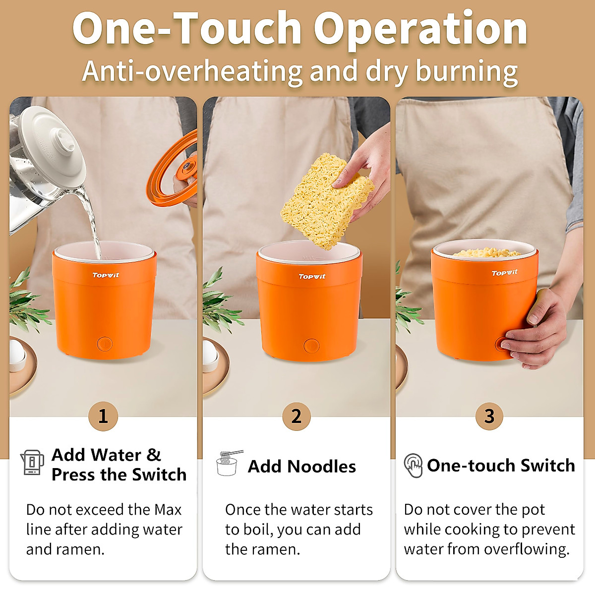 Topwit Ramen Cooker - Mini 1L Electric Pot for Noodles, Pasta, Steak, Egg with Over-Heating and Boil Dry Protection - Portable, Dorm Room Essentials, Orange