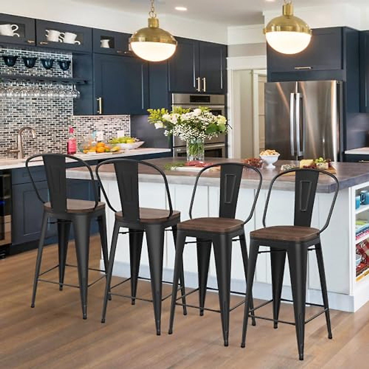 HAOBO Home 24" High Back Barstools Metal Stool with Wooden Seat [Set of 4] Counter Height Bar Stools, Matte Black