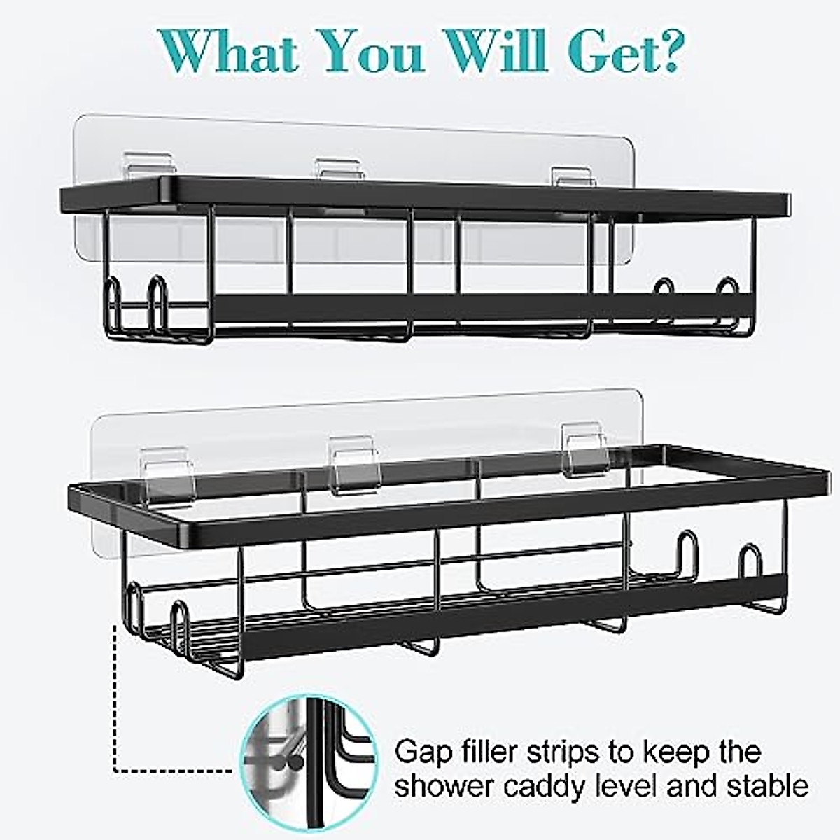 Mycuppca Shower Caddy, 2 Pack Adhesive Bathroom Shower Organizer, Black Shower Shelves with Hooks Stainless Shower Rack for Inside Shower No Drilling Wall Mounted Shower Storage Shower Shampoo Holder