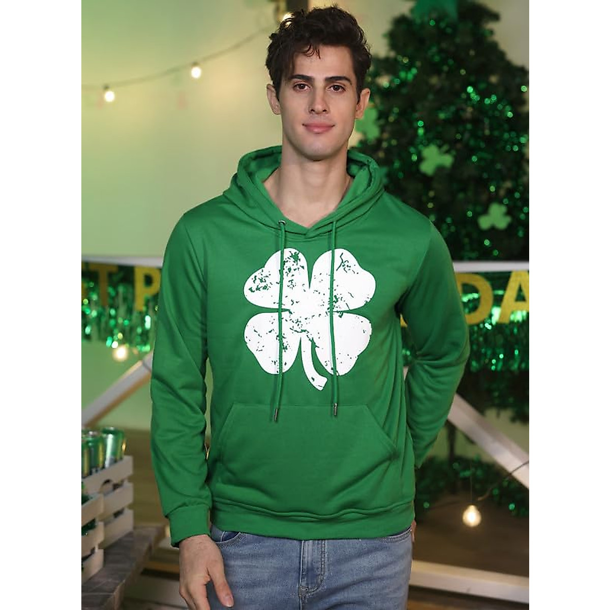 Arvilhill St Patrick's Day Sweatshirt Men's Green Shamrock Irish Printed Hoodie CLOVER XL