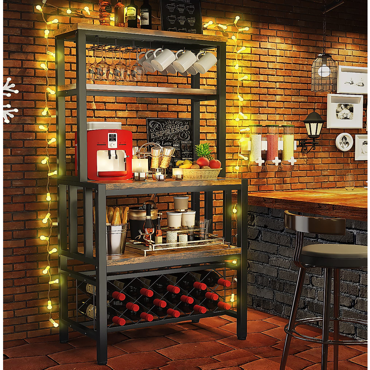 AWQM 5-Tier Kitchen Bakers Rack ,Industrial Wine Rack Table Microwave Stand, FreeStanding Wine Bar Rack,Coffee Bar Kitchen Storage Rack,Wine Cabinet Kitchen Hutch for Dining Room Living Room,Walnut