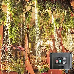 220LED Upgrade Solar Fairy Lights Outdoor Waterproof,11 Strand Solar Firefly Bunch Lights with 8 Flashing Modes Solar Waterfall Lights, Solar Watering Can Lights Garden Tent String Light (Warm White)