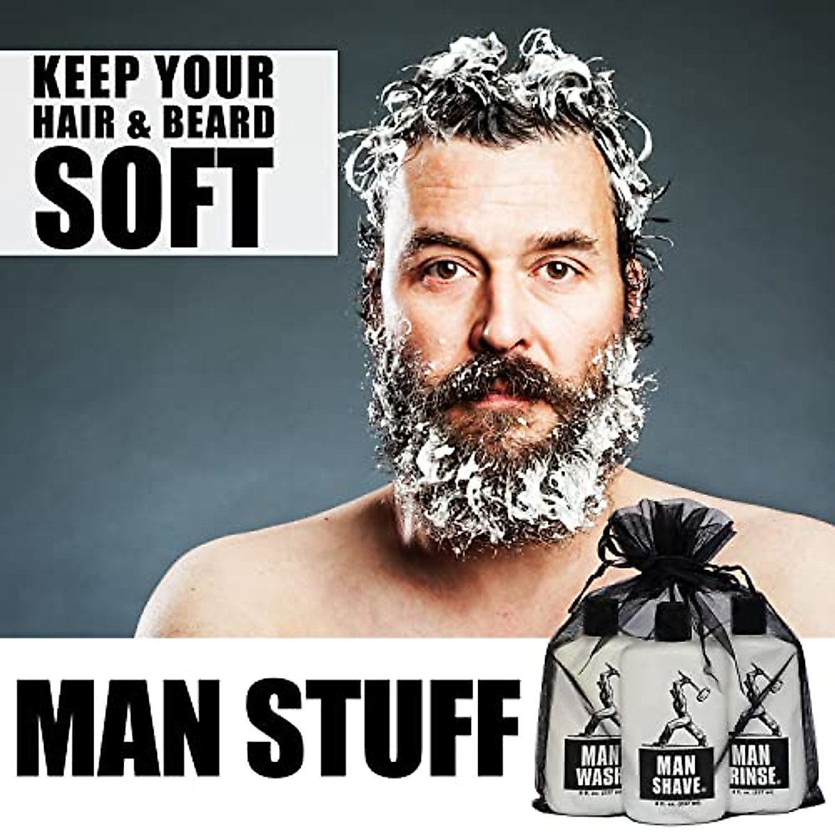 Man Stuff Beard Care Kit for Men | All Natural, Lightly Scented Shave Cream, Body & Beard Wash, and Beard Conditioner for Men | Paraben Free and Made in the USA | Vegan Beard Products for Men