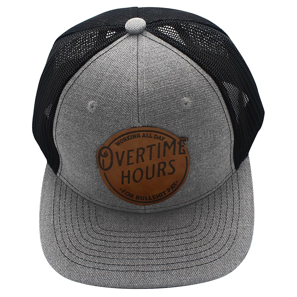Eachnice Working All Day Overtime Hours for Bullsh!t Pay Leather Patch Trucker Hat Baseball Cap (Gray Black)