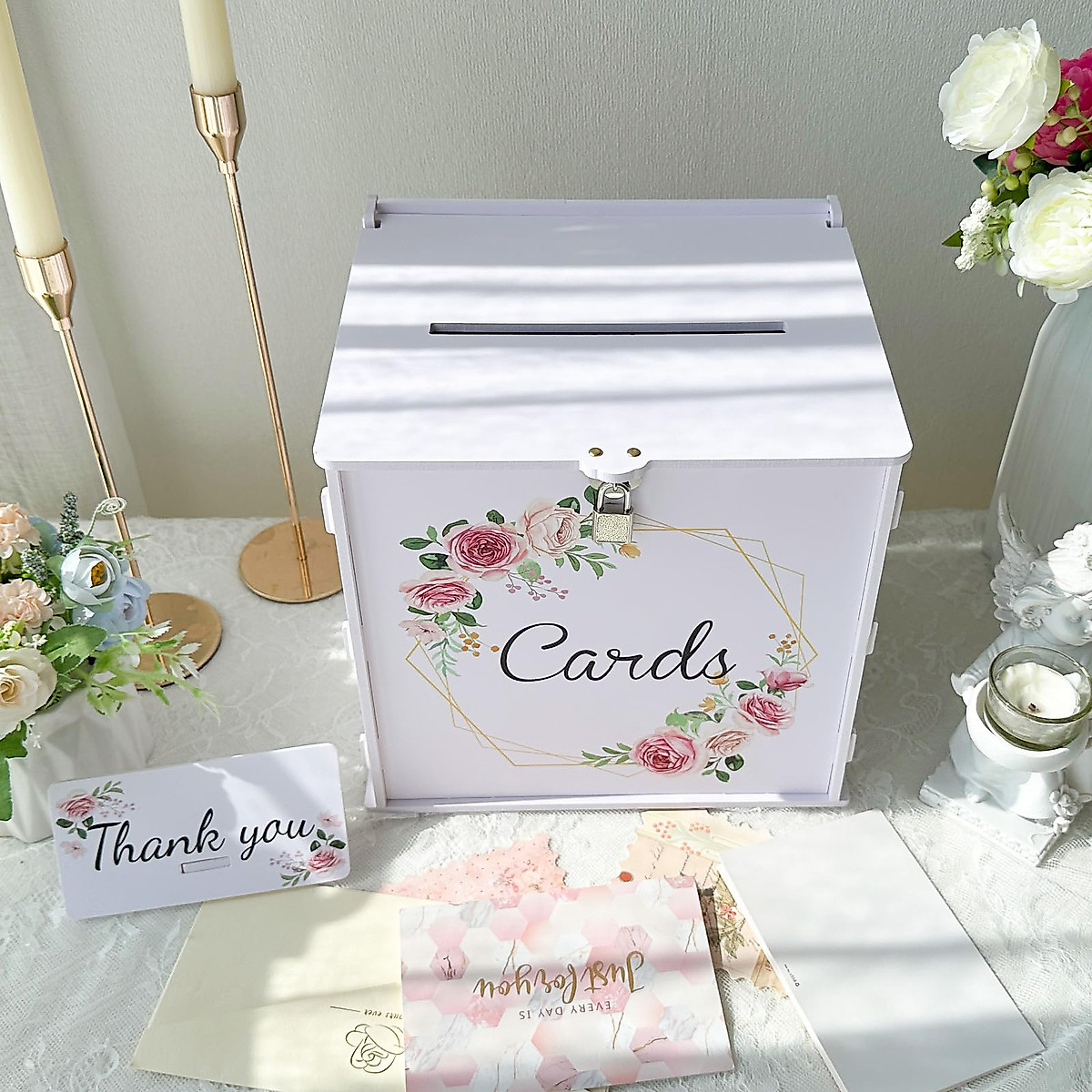GUDELAK White Wedding Card Box with Lock, PVC Gift Card Box for Wedding Decorations, Money Index Card Box for Party Reception Anniversary Honeymoon Fund Bridal Baby Shower