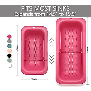 Domonic Home Colander Over the Sink Colander for Kitchen Sink, Over the Sink Strainer Basket Vegetables,Fruits,Pasta, Collapsible Colander 14.5"-19.5", Brilliant Rose Colander Dishwasher Safe