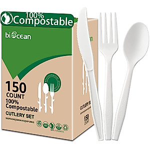 BIOCEAN 100% Compostable No Plastic Knives Plastic Forks Plastic Spoons Plastic Utensils, The Heavyweight Heavy Duty Flatware is Eco Friendly Products for Lounge Party Wedding BBQ Picnic Camping.
