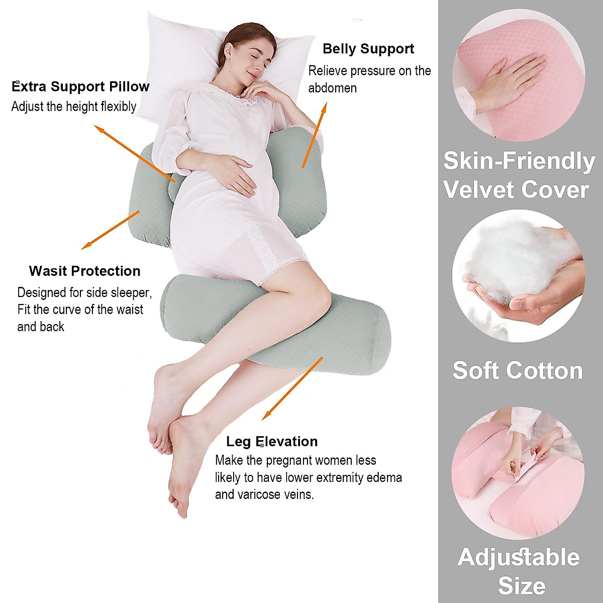 Pregnancy Pillows for Sleeping, Soft Maternity Body Pillow for Side Sleeper, Support for Back, Legs, Belly, Adjustable Travel Pregnant Women Pillow (Grey)