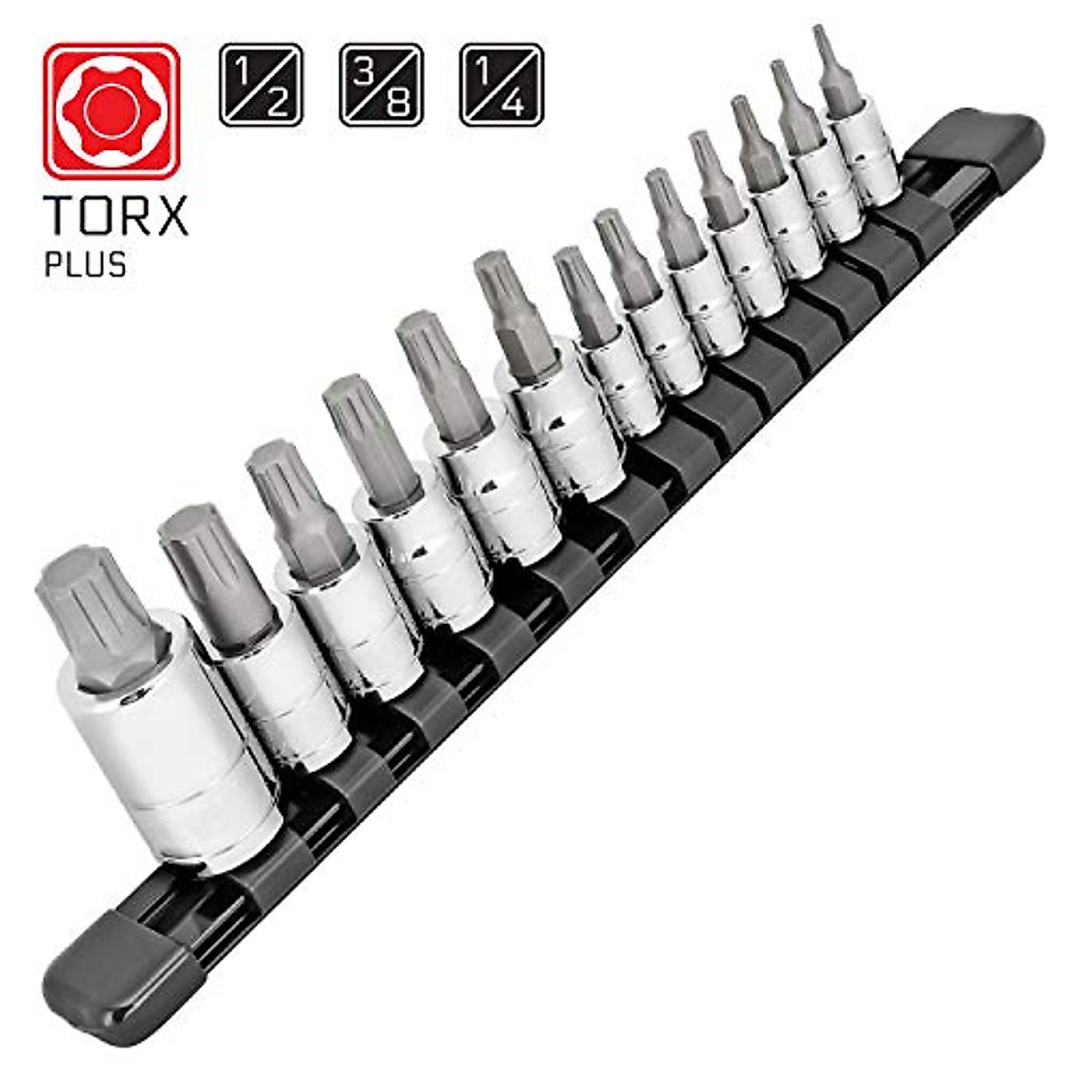 CARBYNE Torx Plus (aka 6 Lobe) Bit Socket Set - 13 Piece, TP-8/IP-8 to TP-60/IP-60, S2 Steel Bits, CRV Sockets | 1/4-inch, 3/8-inch & 1/2-inch Drive