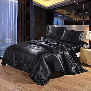 DREFEEL Hotel Quality Black Duvet Cover Set Queen/Full Size Silk Like Satin Bedding with Hidden Zipper Ties Soft Comfortable Stain Resistant Solid Quilt/Comforter Cover Set