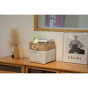 Large Cube Storage Baskets Organizer (10.5" x 10.5" x 11") for Clothes Toys Towel Books, Canvas Fabric Sturdy Collapsible Storage Boxes with Cotton Handles for Closet, Shelves (Beige/Brown, 6 Pack)